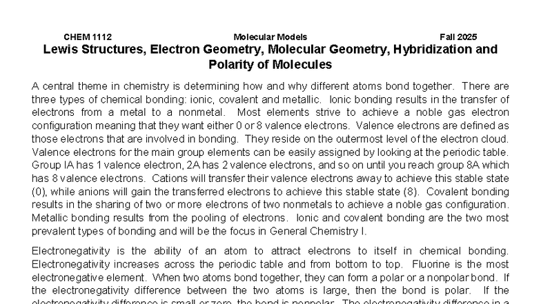 CHEM 101 Molecular Models: Lewis Structures, Geometry & Polarity - Studocu