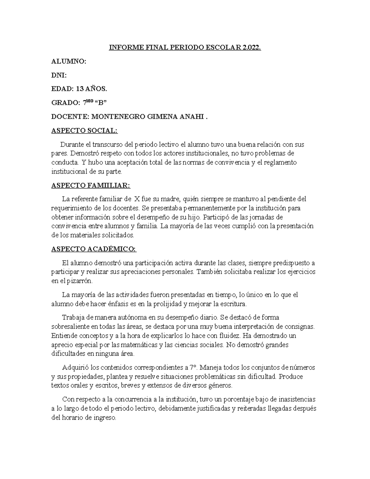 Informe Final 7mo "B" - Educación Primaria 2022 por Prof. Montenegro - Studocu