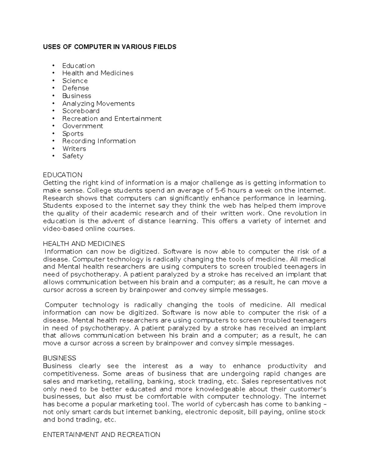 USES OF COMPUTER IN VARIOUS FIELDS: Education, Health, Business & More ...