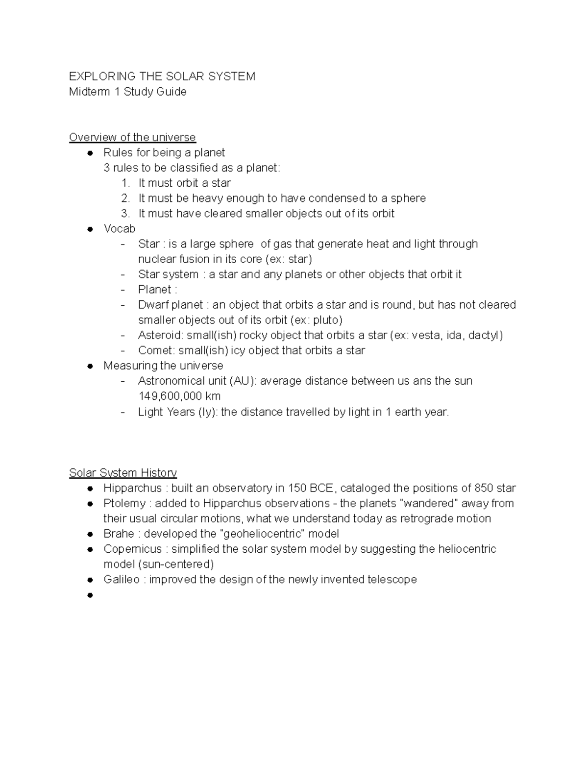 Astronomy ASTR101 Midterm 1 Study Guide: Exploring the Solar System - Studocu