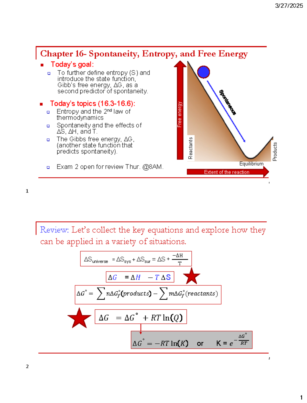 Chapter 16 - Entropy, Spontaneity, and Gibbs Free Energy Review (Chem ...