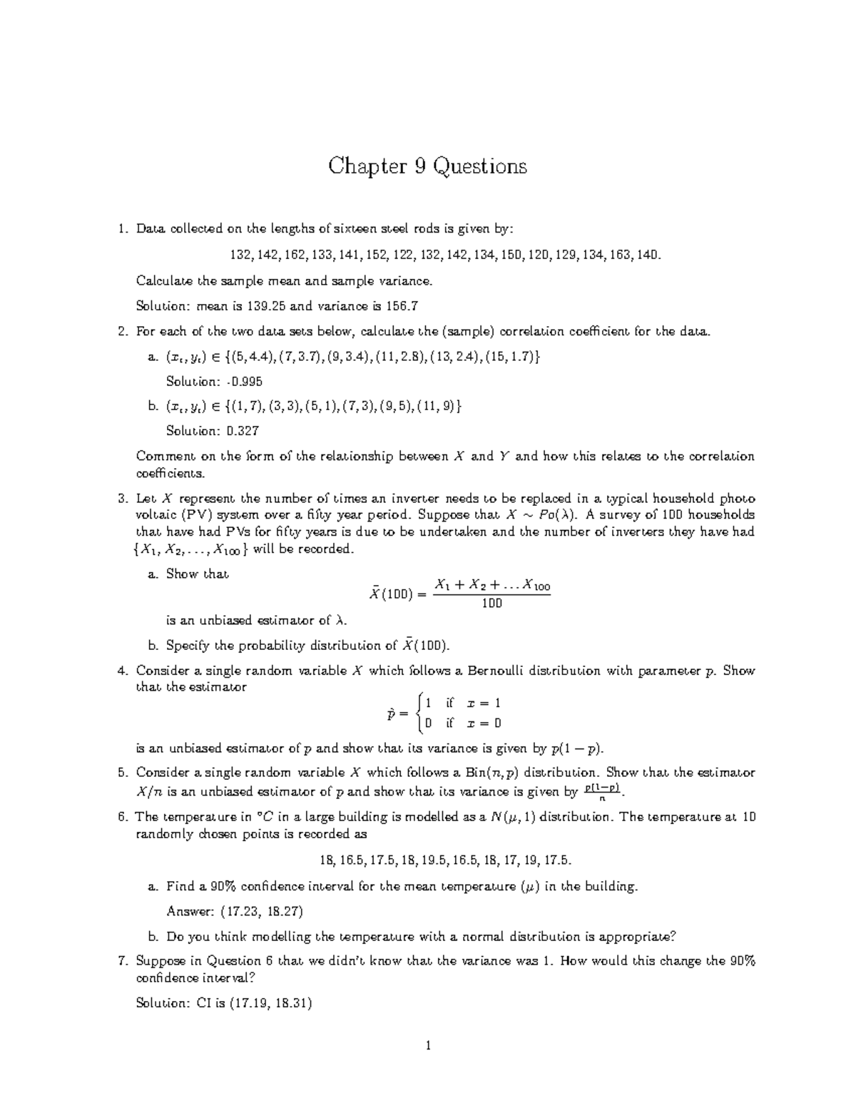 Chapter 9 Tutorial Questions: Statistics & Probability Analysis - Studocu