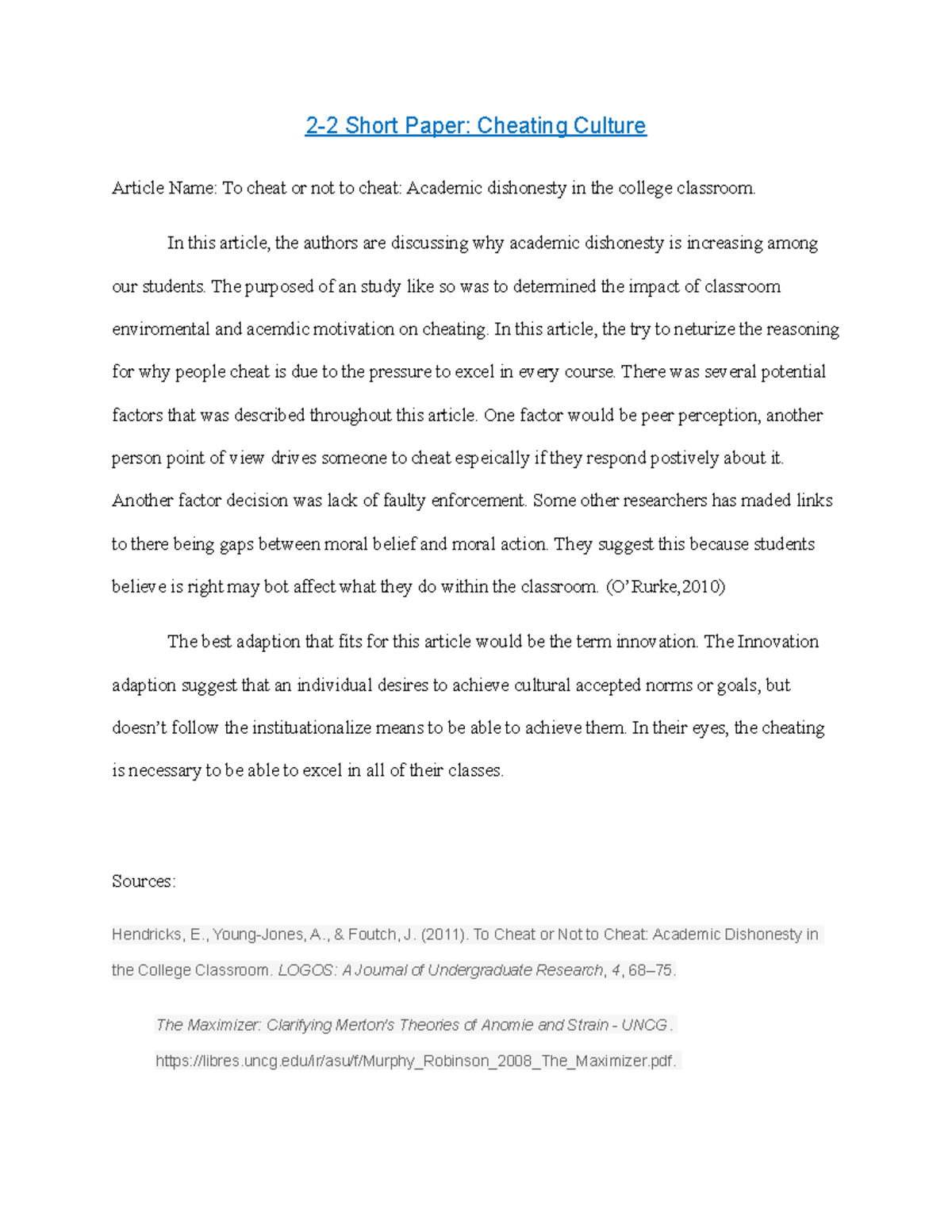 SOC-326 2-2 Short Paper Cheating Culture - 2-2 Short Paper: Cheating ...