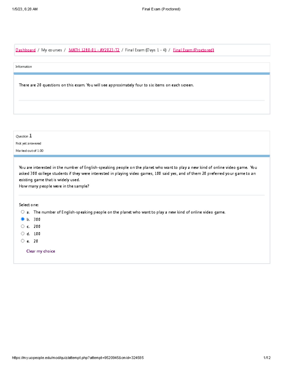 MATH 1280-01 Introduction to Statistics - AY2023-T2 Final Exam (Proctored) - Information ...