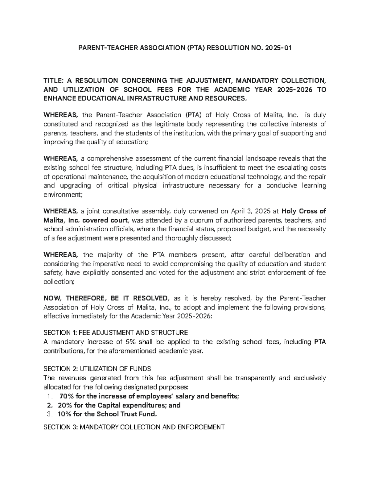 PTA Resolution No. 2025: Adjusting School Fees for Enhanced Resources ...