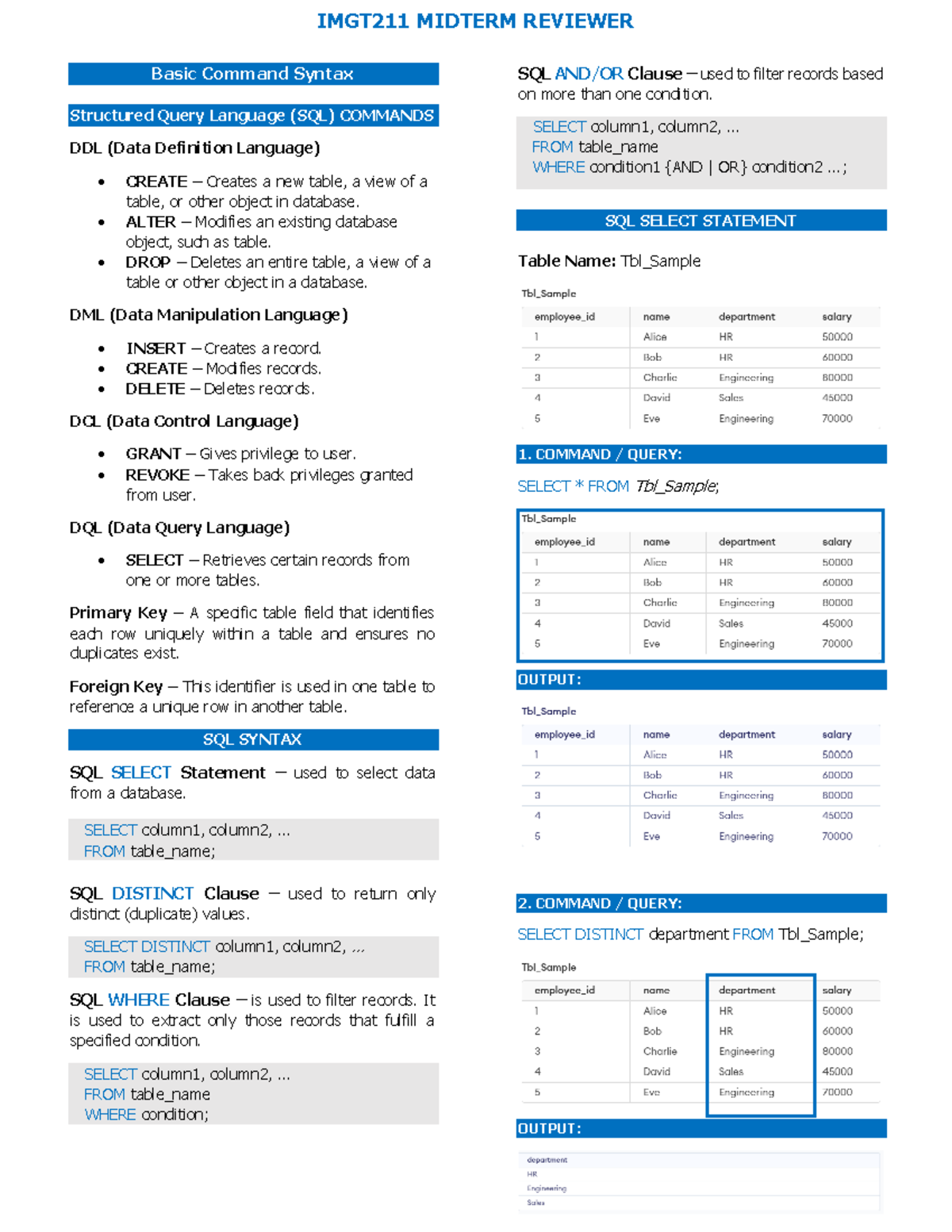 IMGT 211 - Midterm Reviewer: SQL Command Syntax and Queries - Studocu