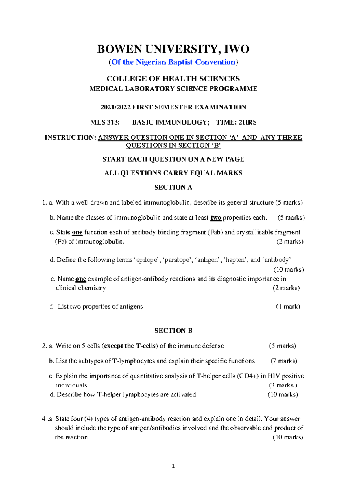 MLS 313: Basic Immunology & Antibody Functions - 1st Sem Exam 2021/2022 ...