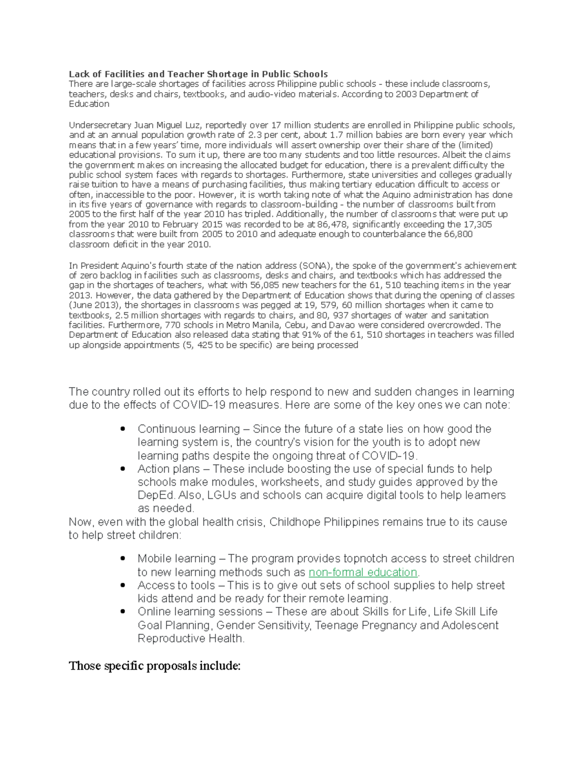 Final Report on Lack of Facilities in Public Schools: Challenges ...