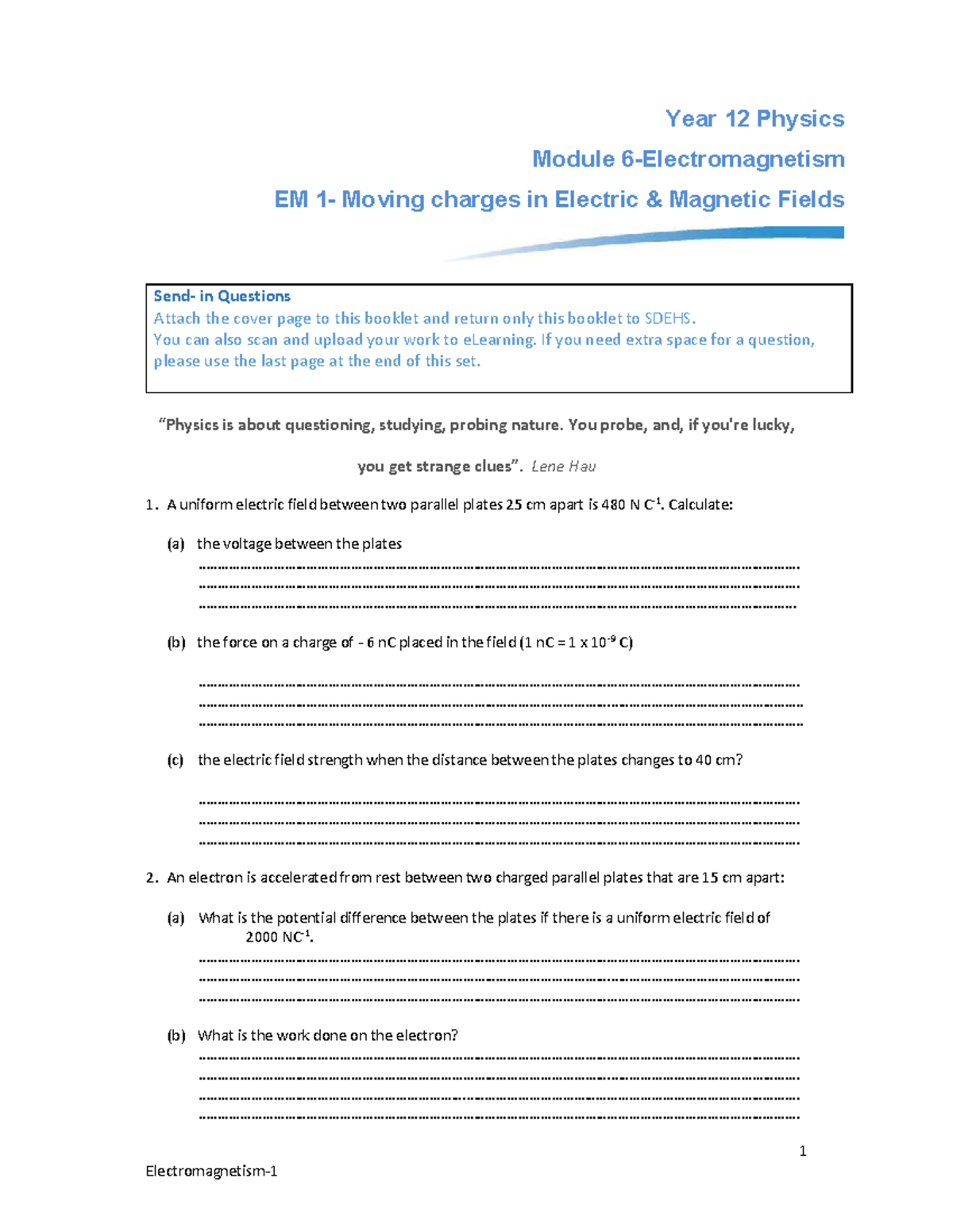 Year 12 Physics EM Module 6: Electromagnetism Practice Questions - Studocu