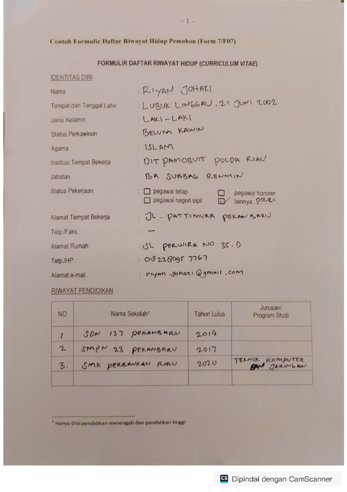 CV - Contoh Riwayat Hidup Riyan Johari untuk POLRI - Studocu