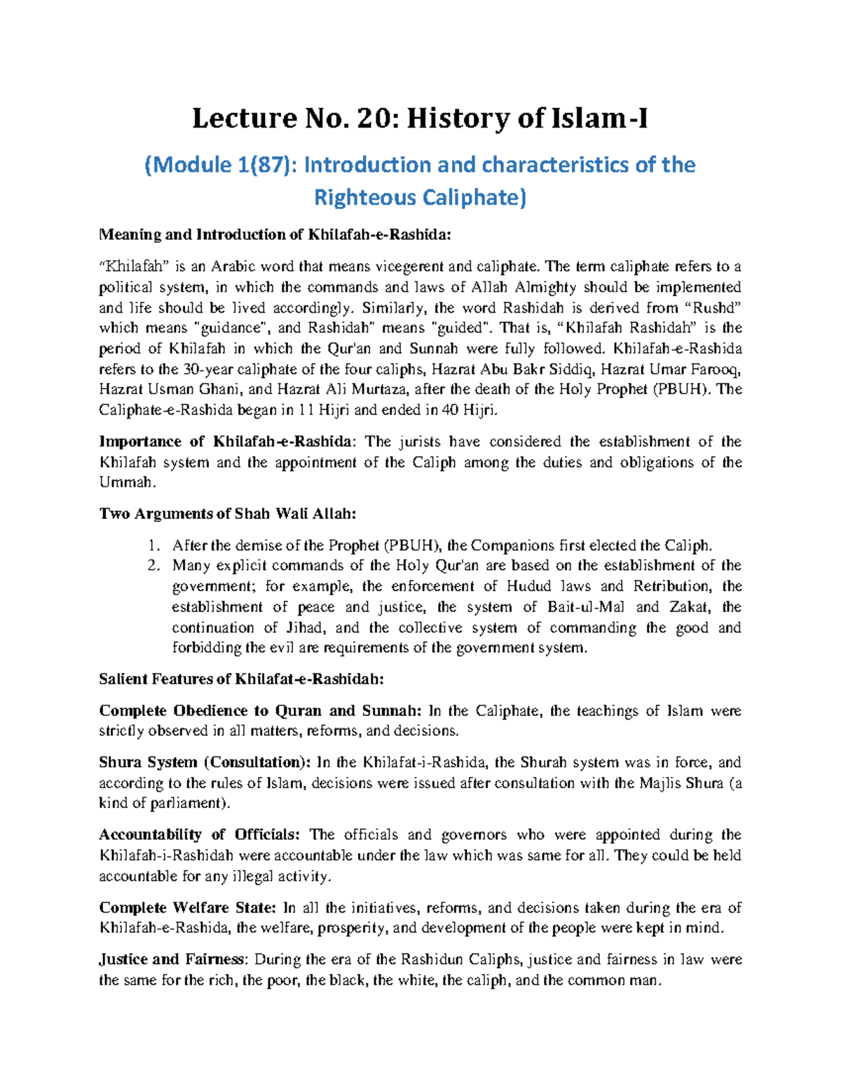 Handouts Lecture 20 ISL 202 (English) - Lecture No. 20: History of Islam-I (Module 1(87): - Studocu