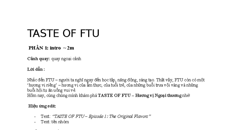 TASTE OF FTU: Video Giới Thiệu Ẩm Thực Ngoại Thương - Studocu