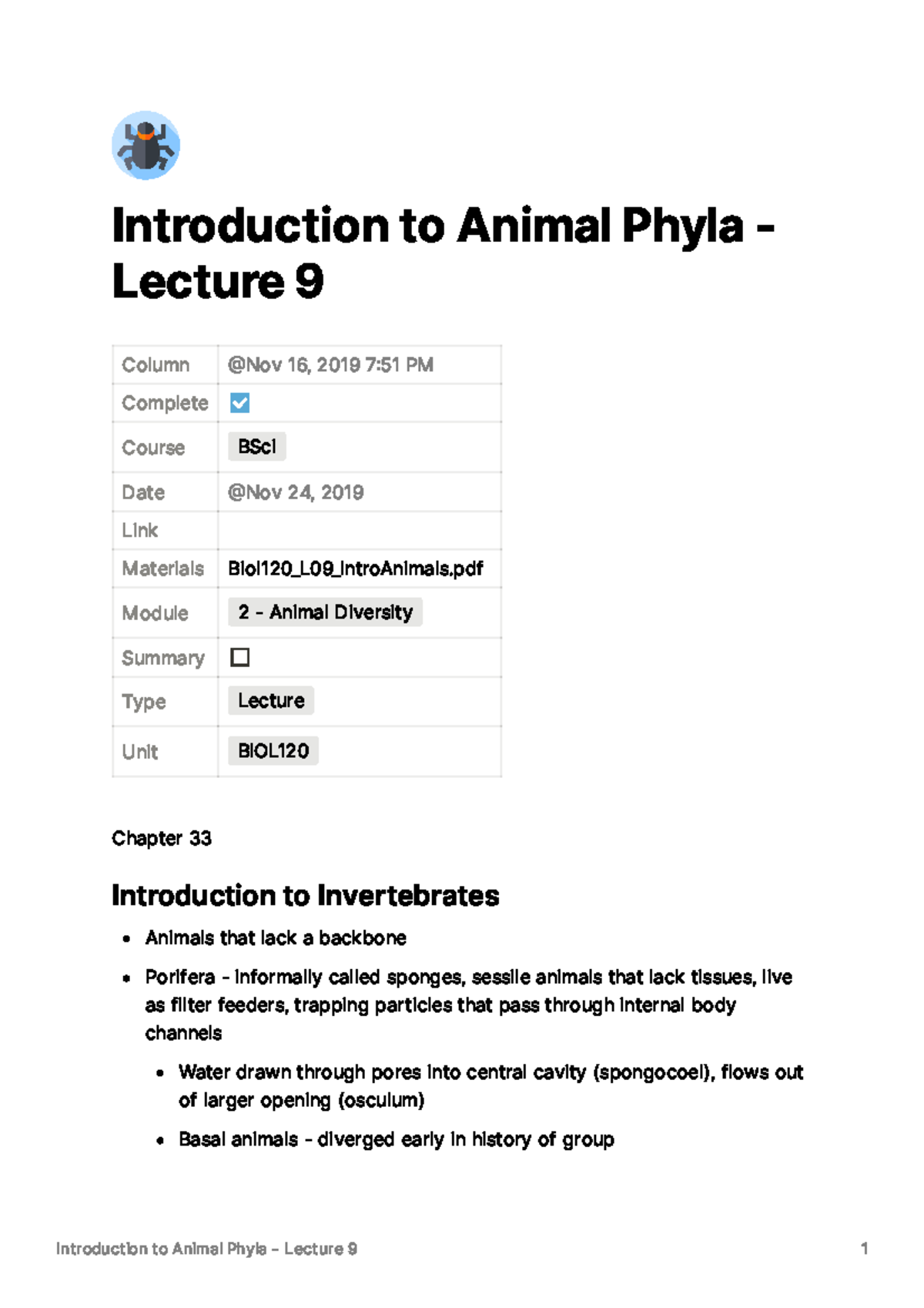 Introduction to Animal Phyla - Lecture 9 - Introduction to Animal Phyla ...