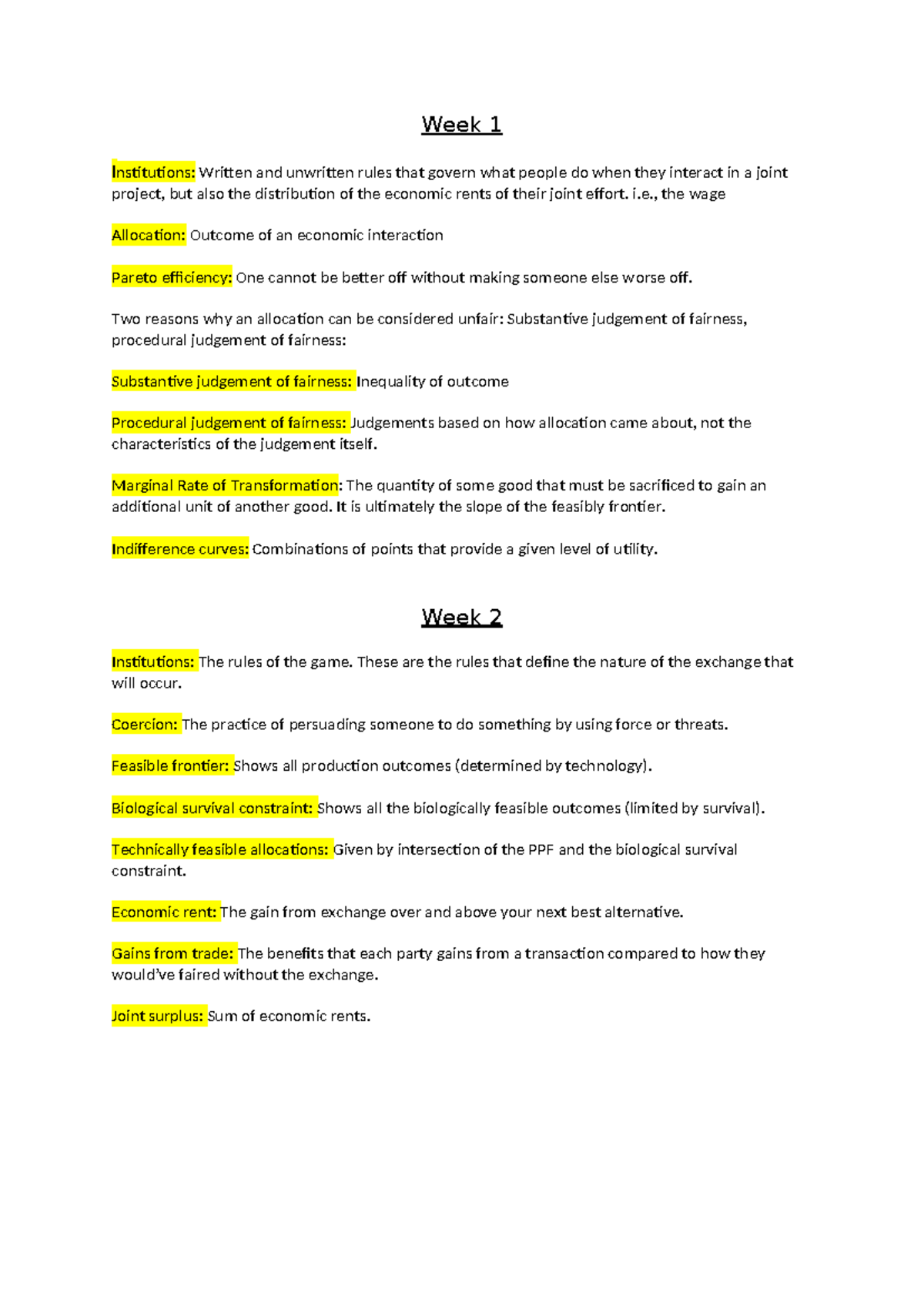 ECO2003F Week 1 & 2 Institutions: Key Economic Definitions - Studocu
