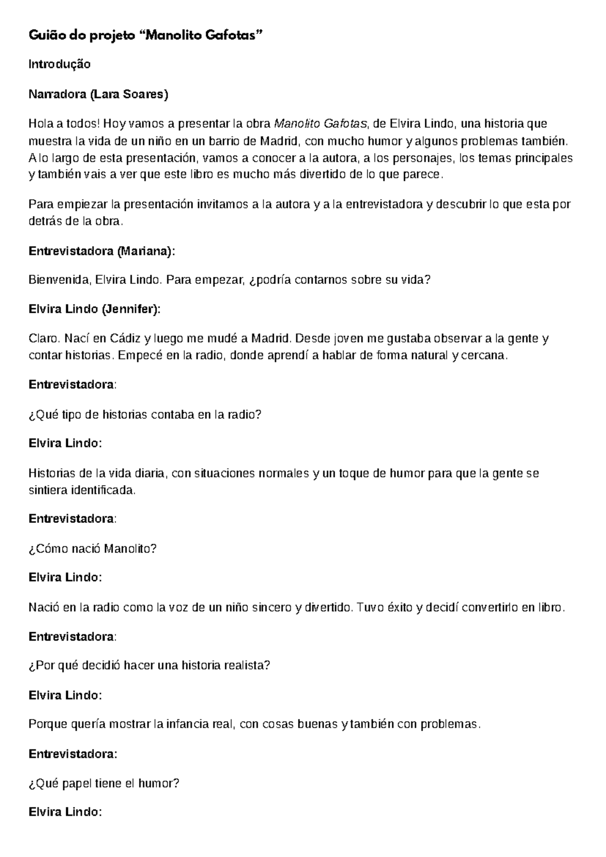 Guião do Projeto: Análise da Obra "Manolito Gafotas" - Studocu