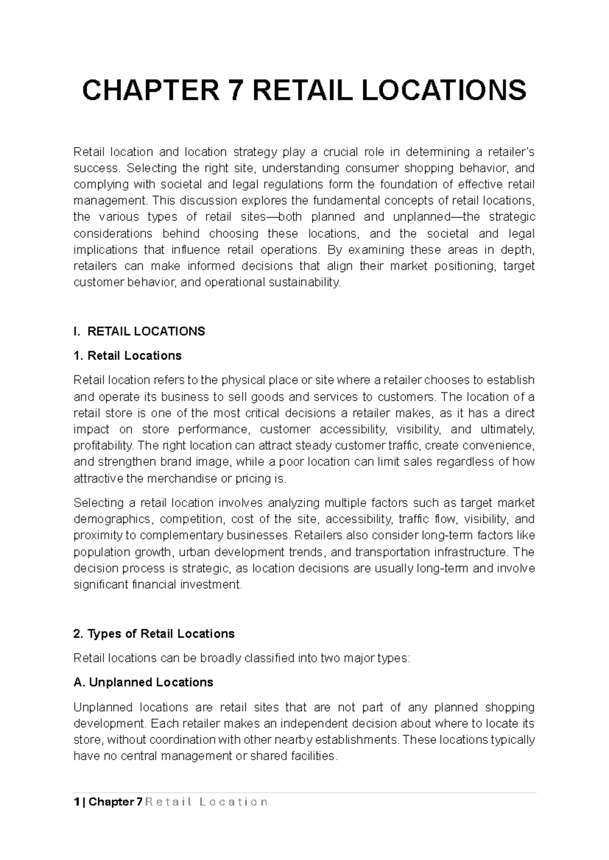 CHAPTER 7: RETAIL LOCATIONS AND STRATEGIES FOR SUCCESS - Studocu