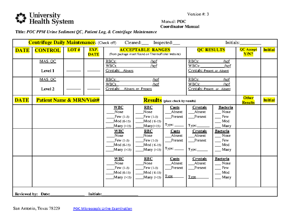 POC PPM Urine Sediment QC, Patient Log, & Centrifuge Maintenance 6.16 ...