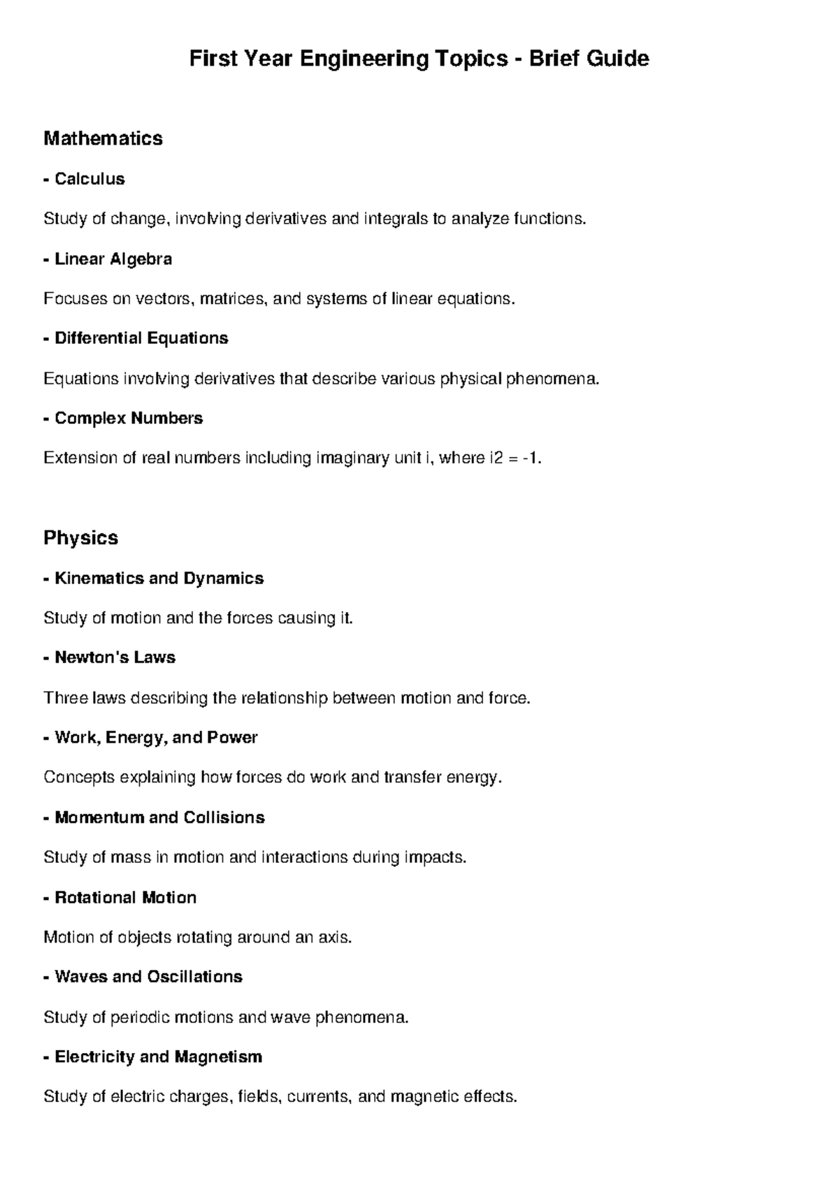 First Year Engineering Topics - Linear Algebra Focuses on vectors ...