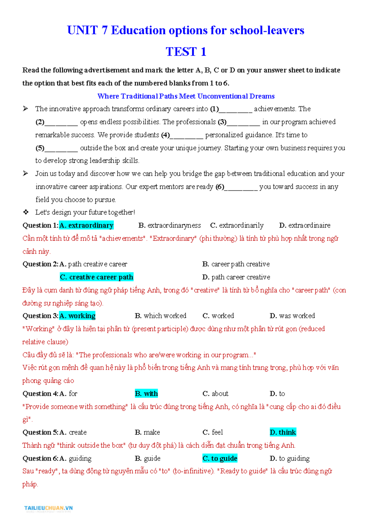 Grade 11 UNIT 7 Education Options Test 1 Answer Key - Studocu