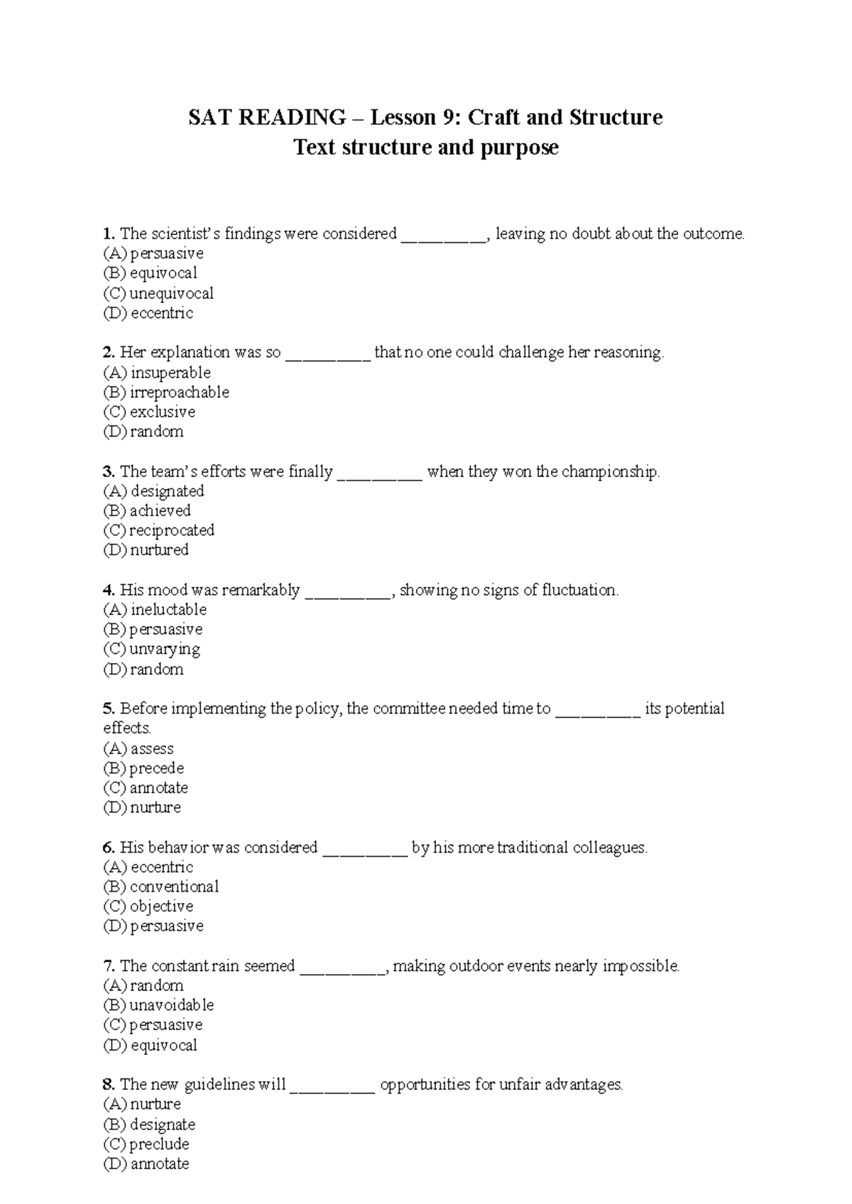 SAT READING - Lesson 9: Craft & Structure - Text Structure & Purpose ...