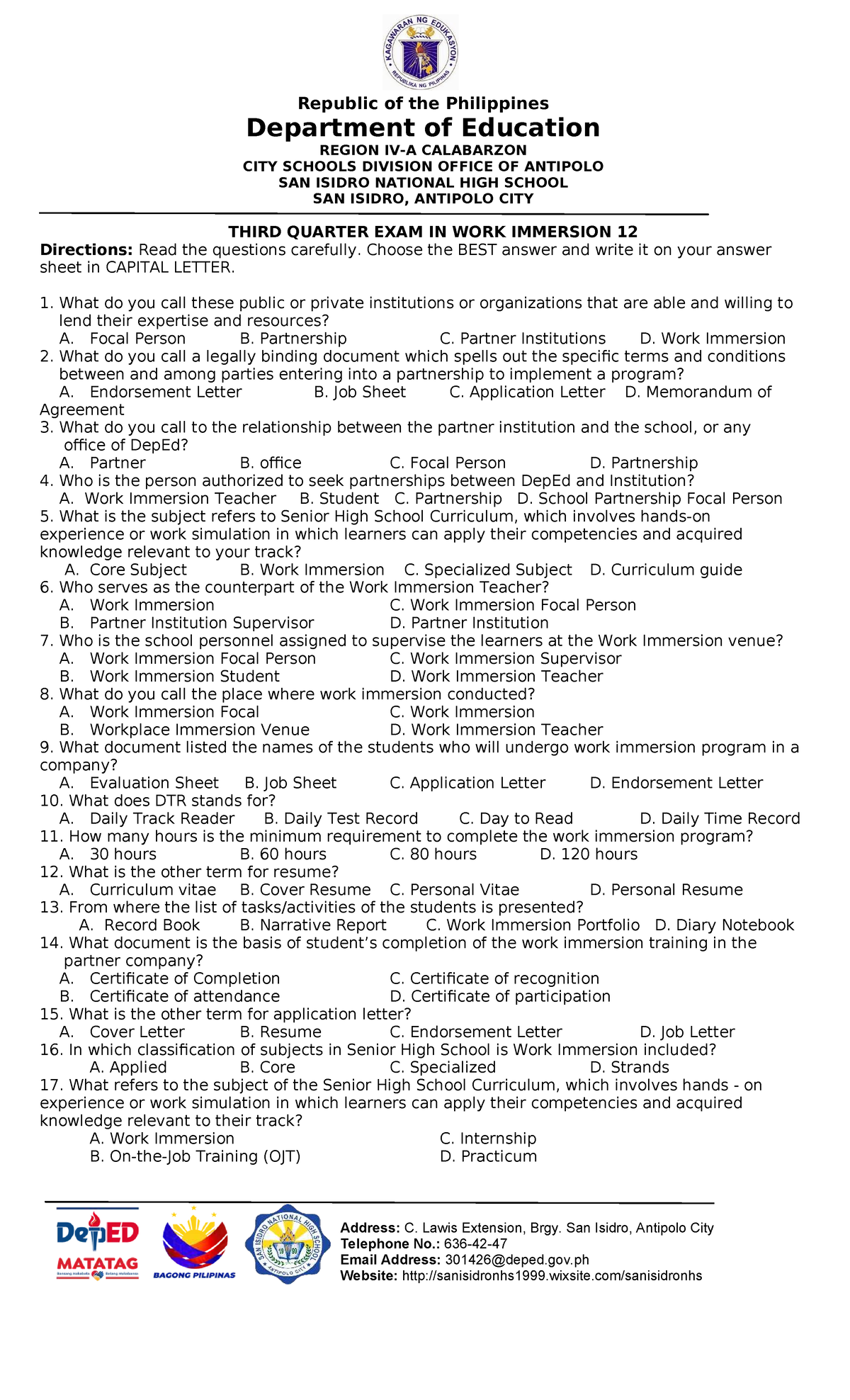 THIRD QUARTER EXAM REVIEW FOR WORK IMMERSION 12 (2024-2025) - Studocu