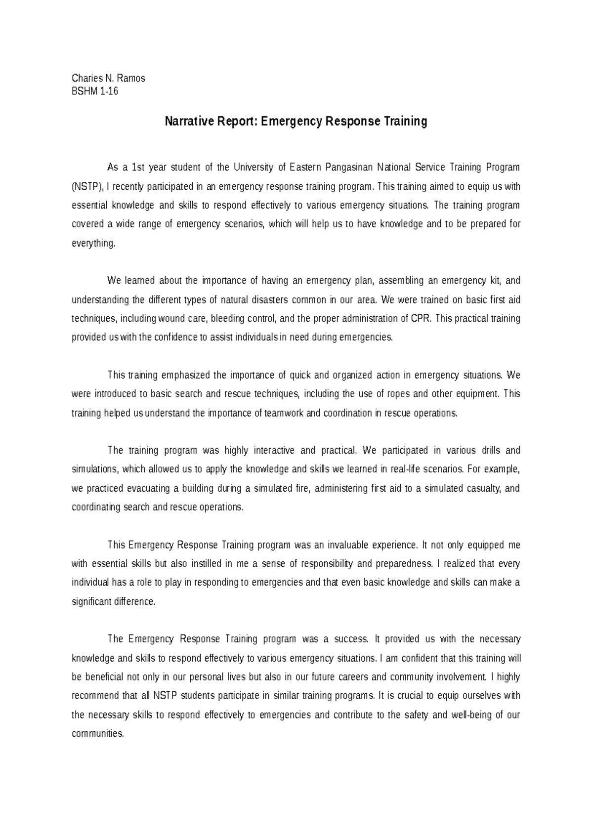 BSHM 1- Narrative Report on Emergency Response Training Participation ...