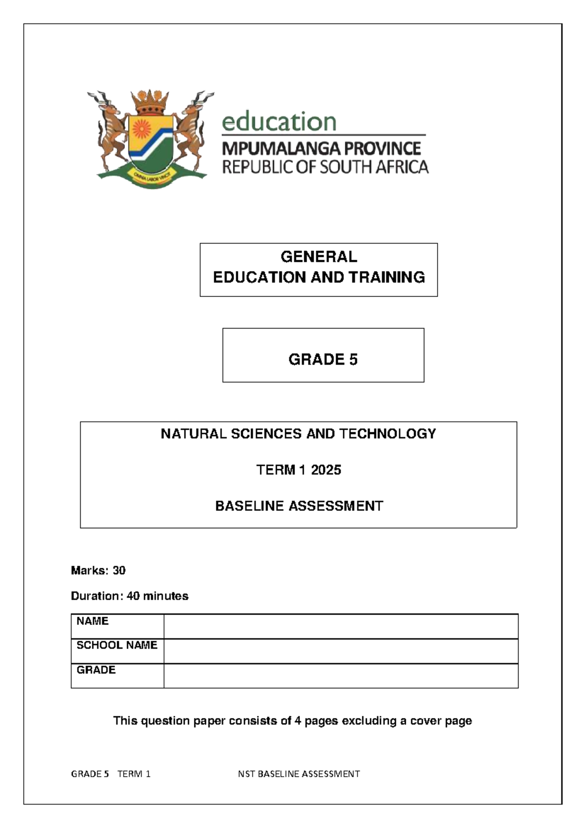 GRADE 5 NST TERM 1 BASELINE ASSESSMENT: LIFE AND LIVING 2025 - Studocu