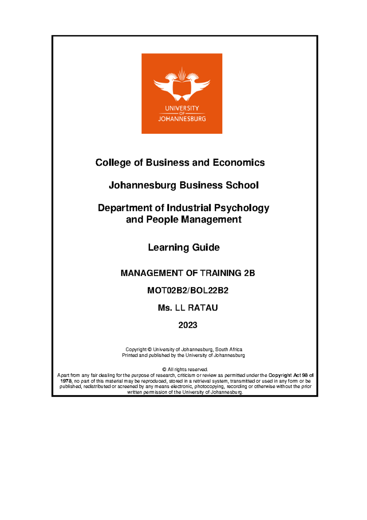 Management of Training 2B Learner Guide MOT02B2 2023 - Studocu