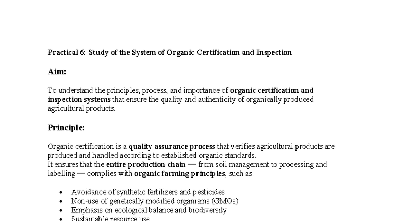 Practical 6: Organic Certification & Inspection Systems Study - Studocu