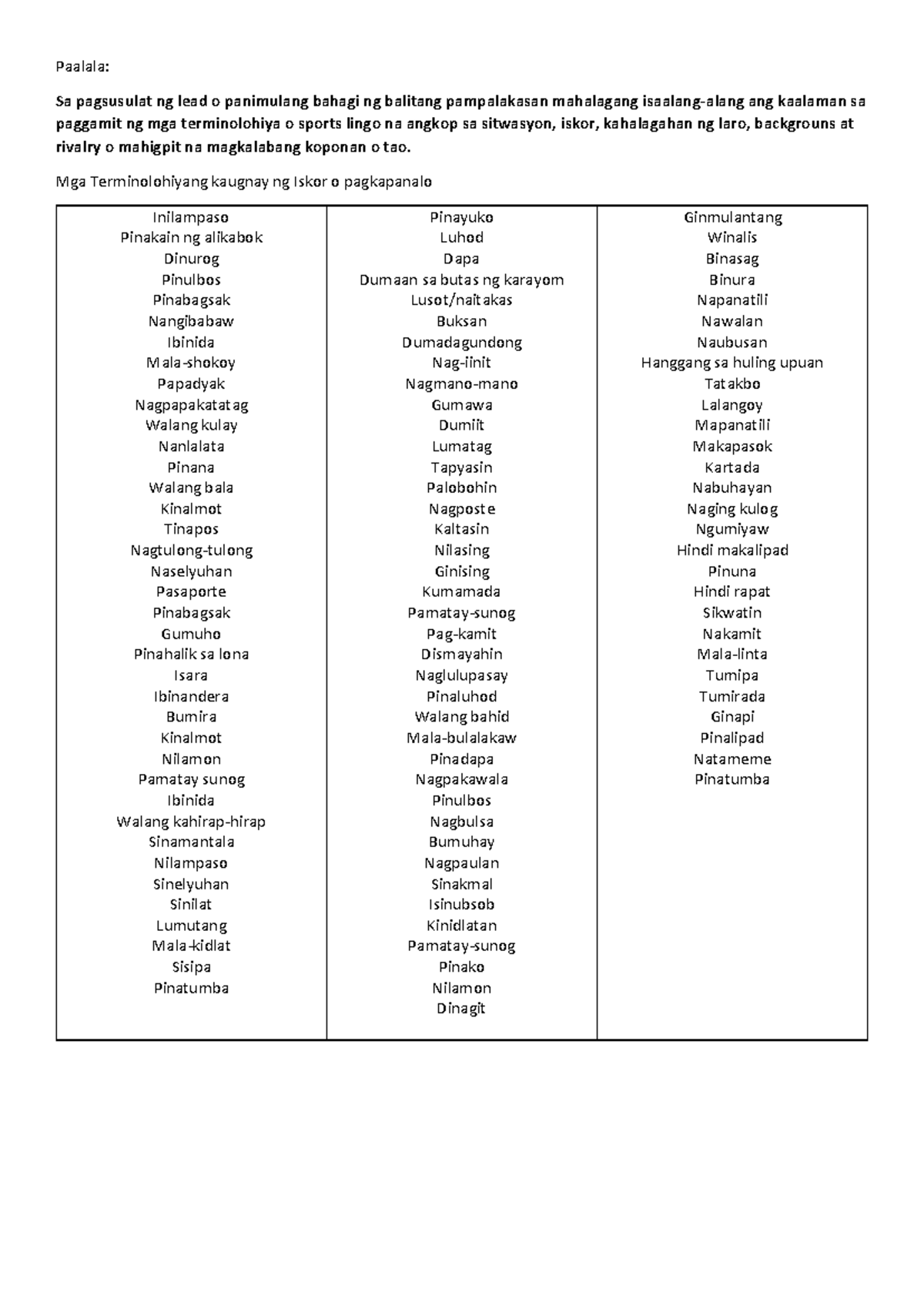 Sports-lingo-tagalog compress - Paalala: Sa pagsusulat ng lead o ...