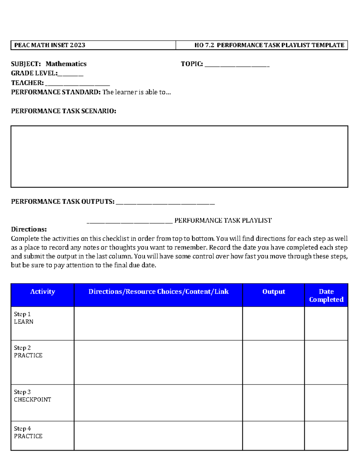 MATH 7.3 Performance Task Playlist Template - PEAC MATH INSET 2023 HO 7 ...