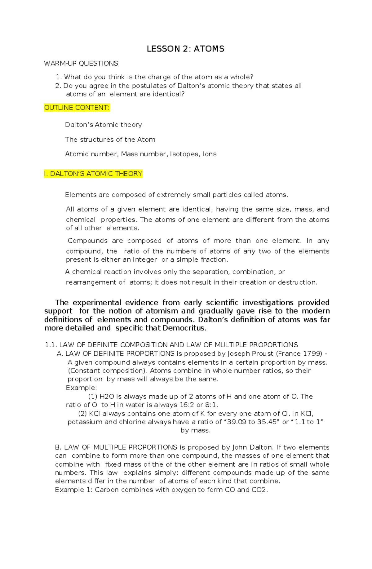 Lesson 2: Atoms and Atomic Theory Concepts - Met Chem - Studocu