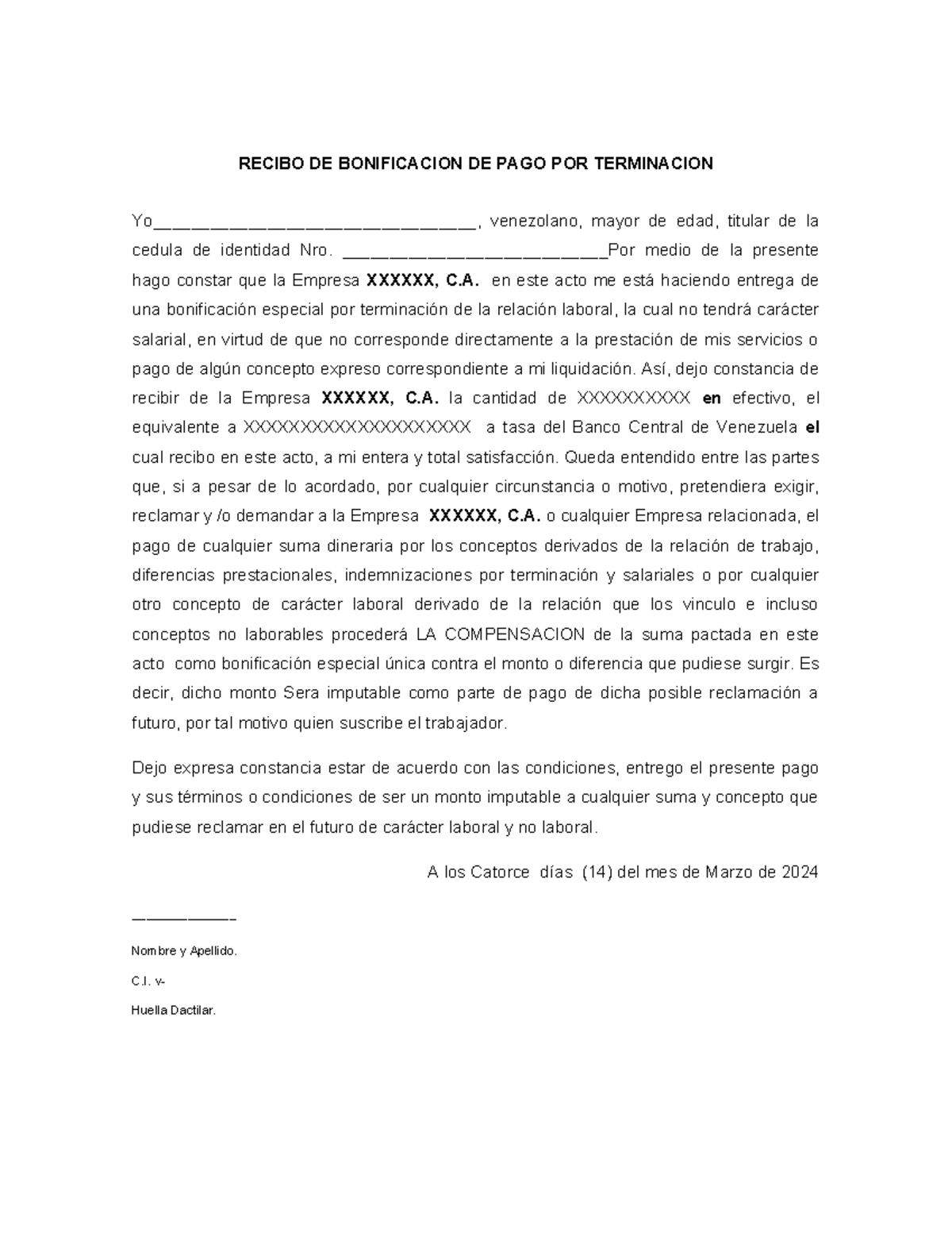 Recibo de Bonificación por Terminación de Relación Laboral - Studocu