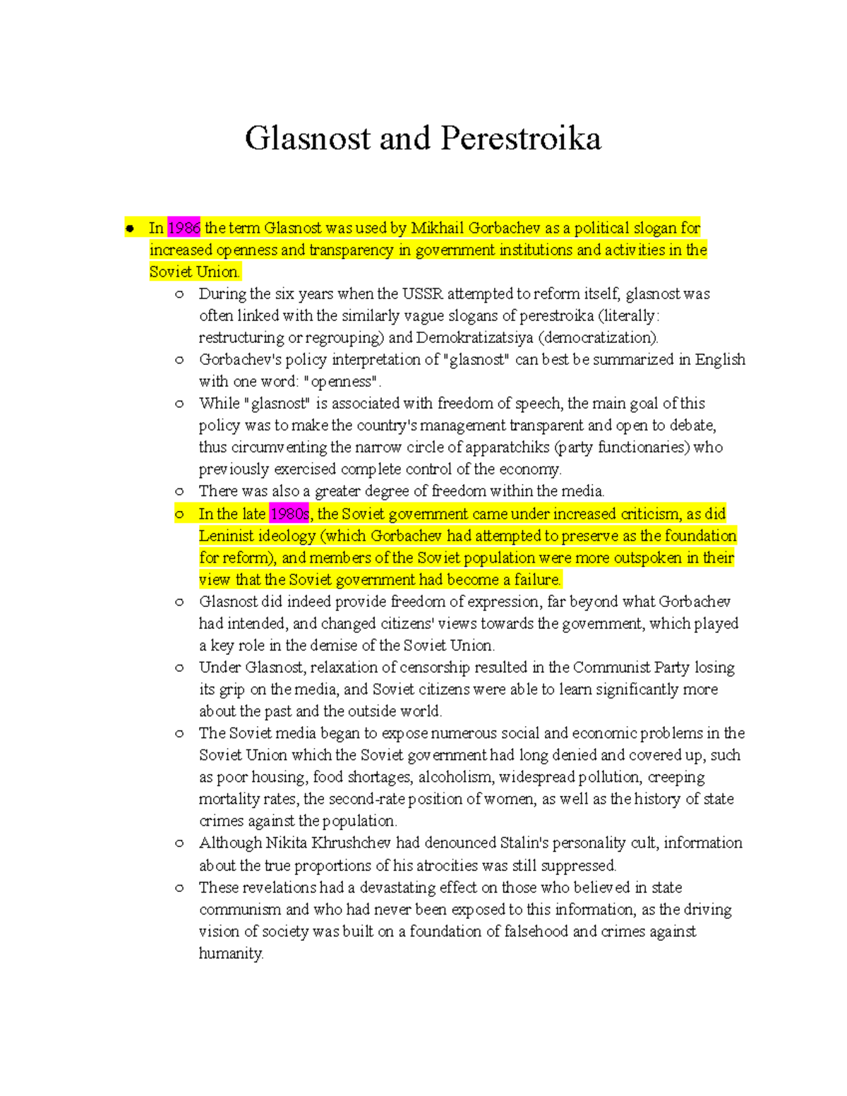 Glasnost and Perestroika - During the six years when the USSR attempted ...