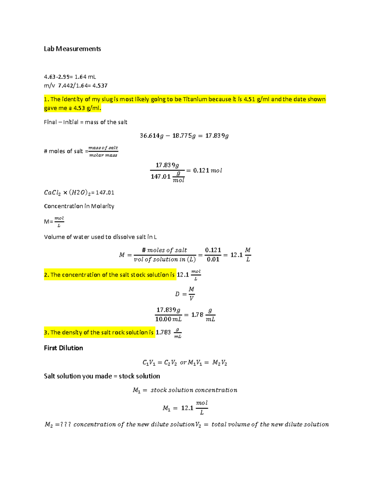 Post Lab Assignment 1: Molarity and Dilution Calculations - Studocu