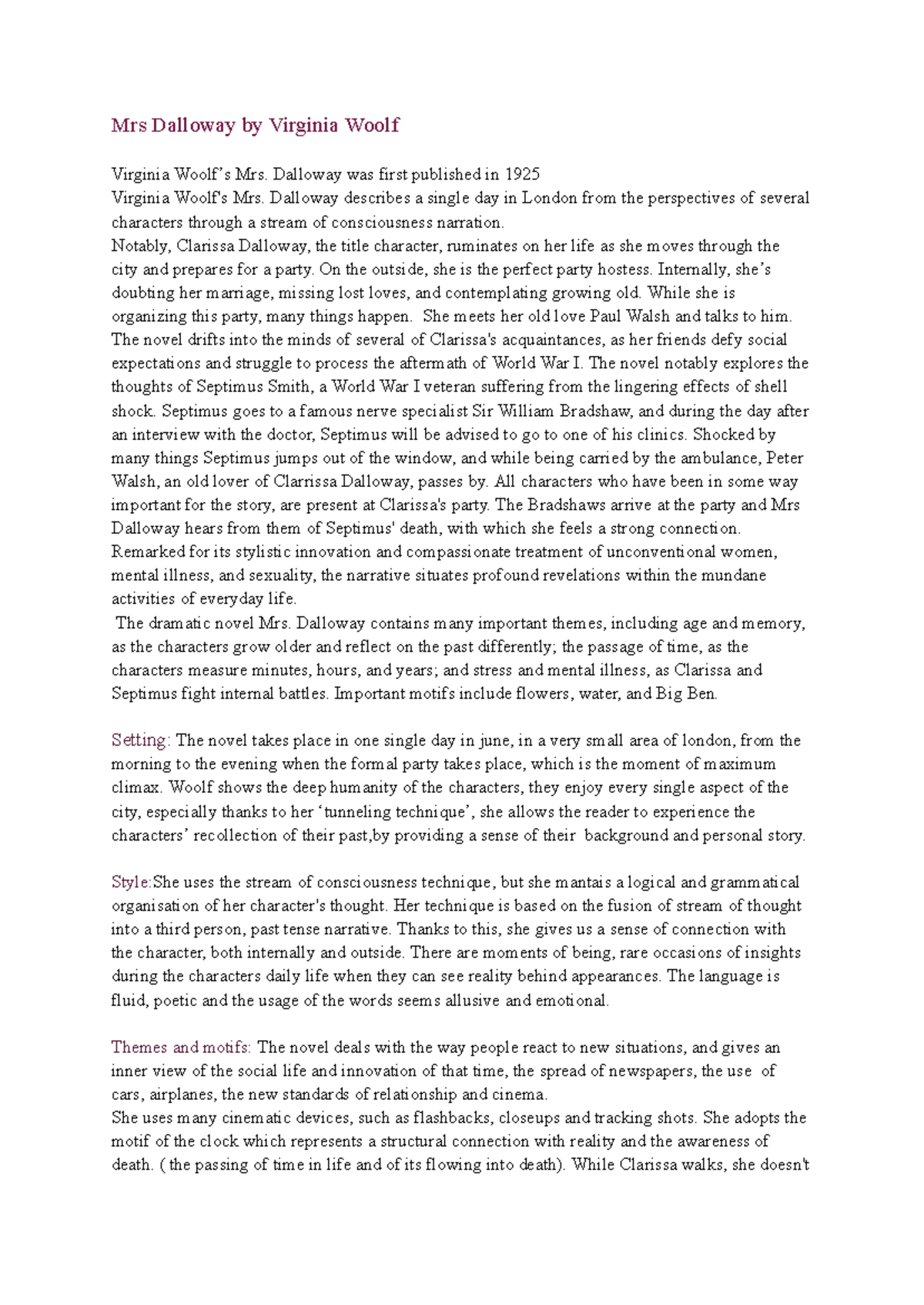 Mrs. Dalloway: A Study of Themes and Style by V. Woolf - Studocu