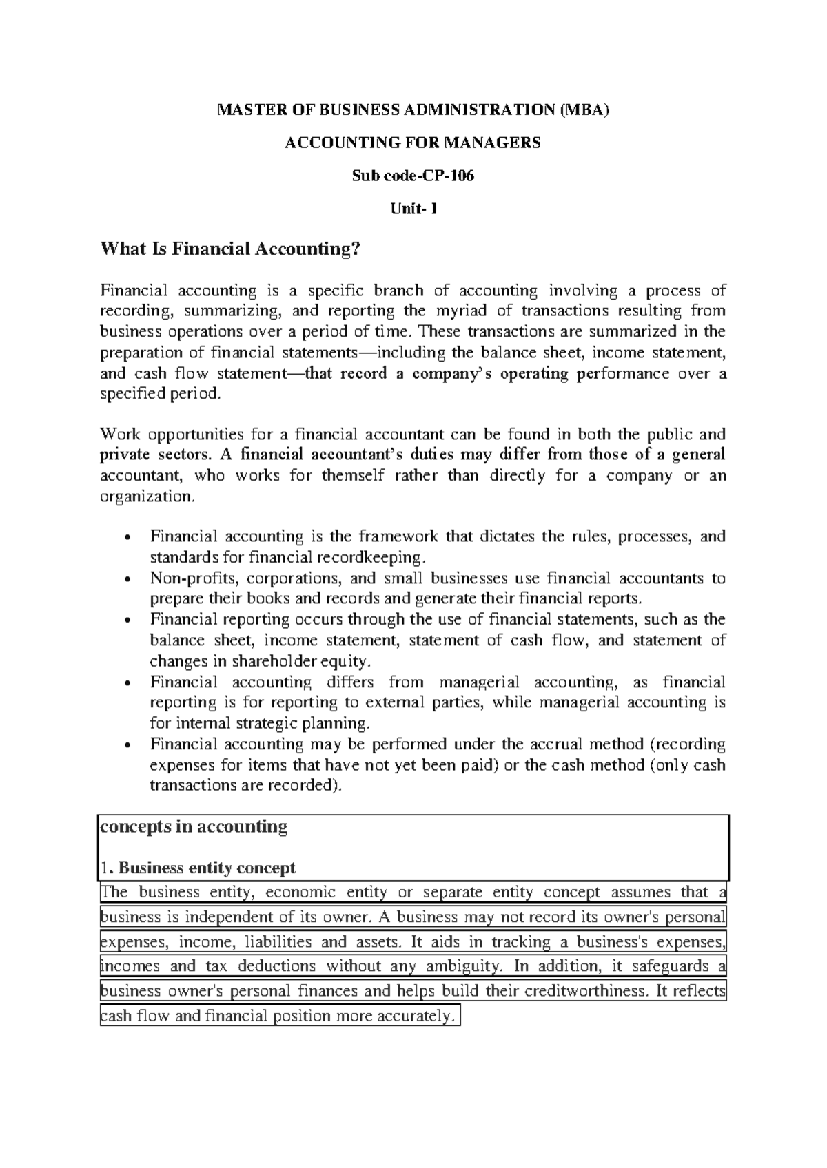 CP-106(Accounting for manager) 1-2 - MASTER OF BUSINESS ADMINISTRATION ...