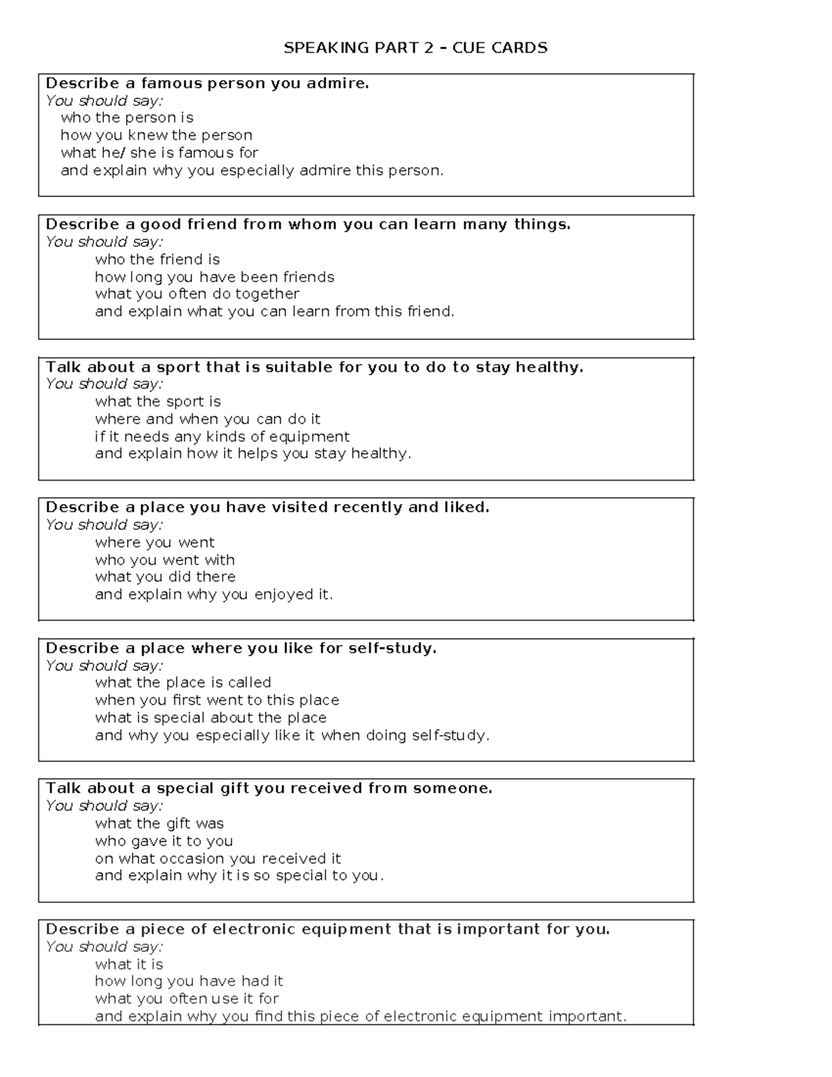 SPEAKING PART 2 CUE CARDS: Topics & Tips for Success - Studocu