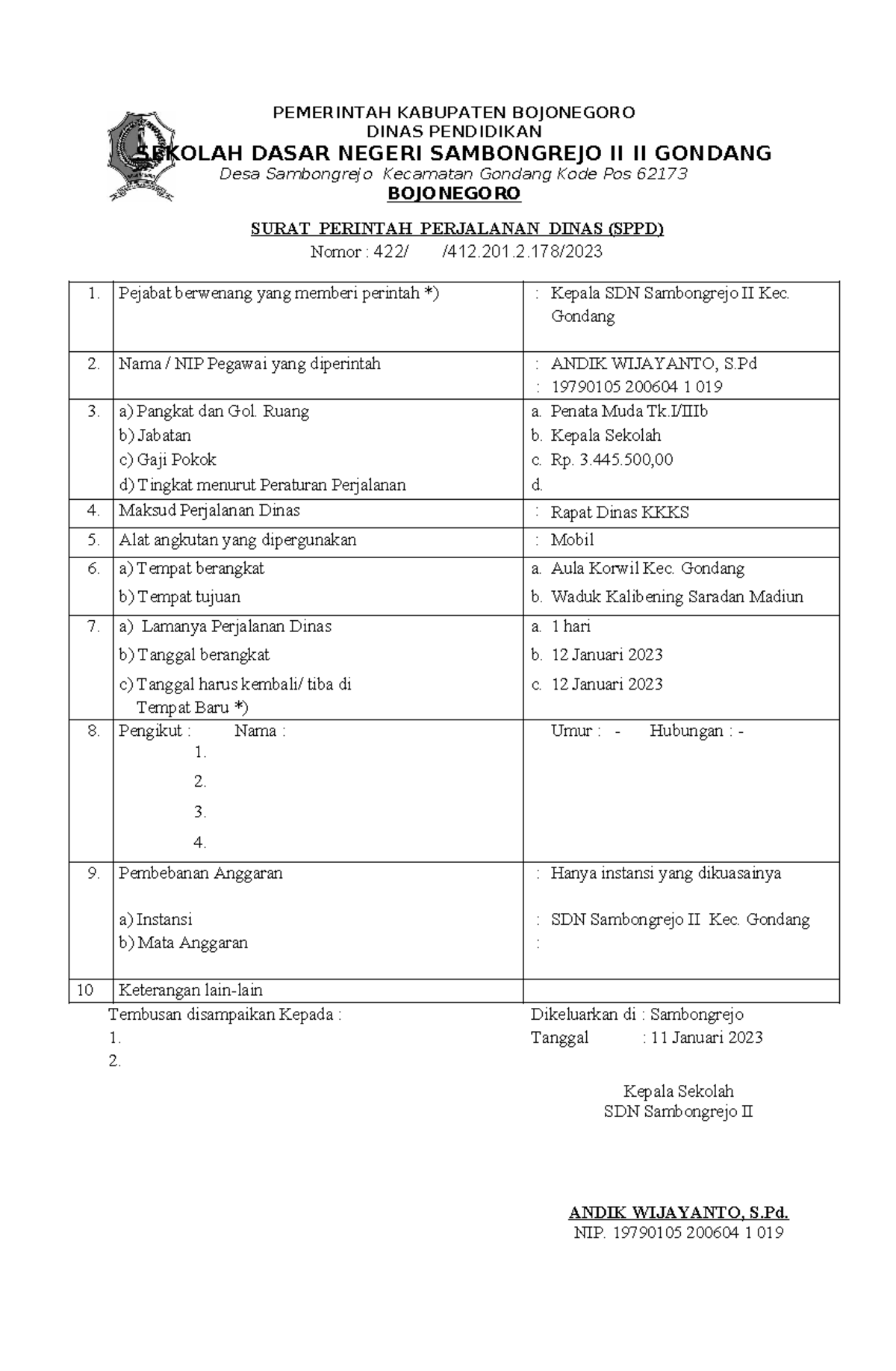 Surat Perintah Perjalanan Dinas (SPPD) K3S 2023 - SDN Sambongrejo II ...