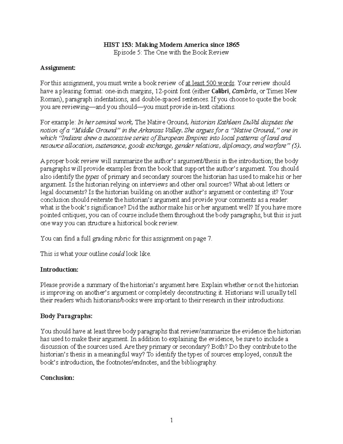 HIST 153 Book Review: Rubric, Instructions, and Reading List - Studocu
