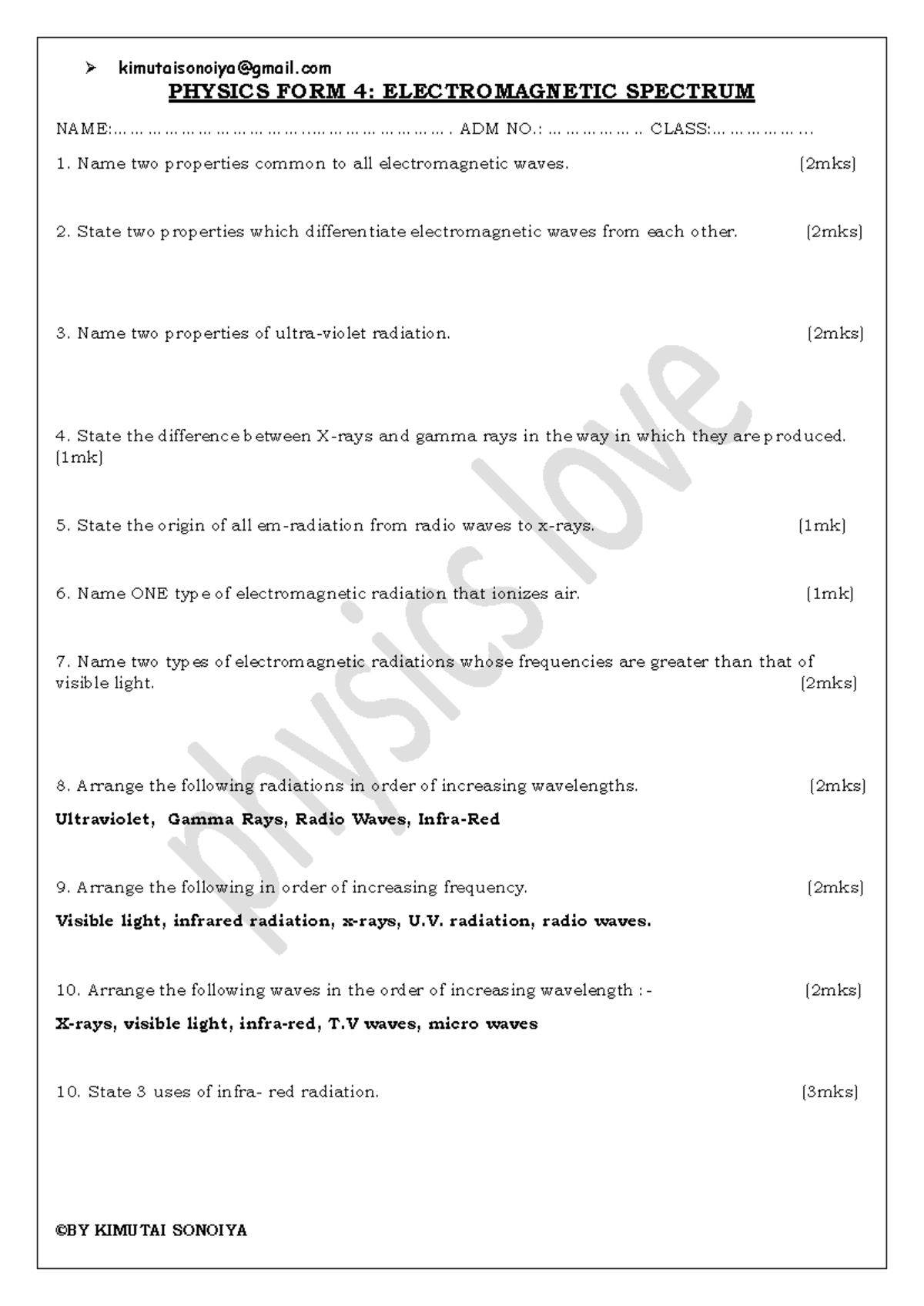 PHYSICS 4.4: Electromagnetic Spectrum CAT Review & Questions - Studocu