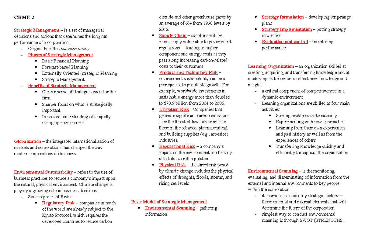 CBME 2 - Strategic Management Overview and Key Concepts Summary - Studocu