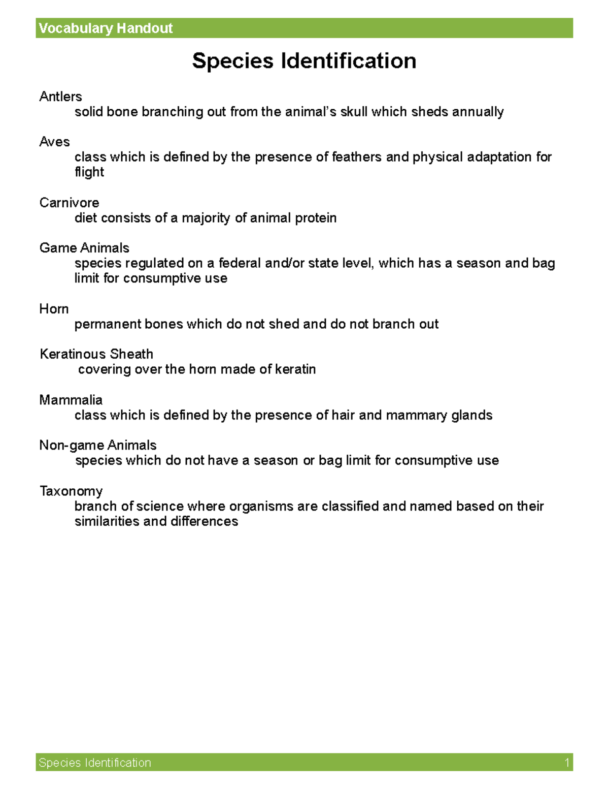 Species Identification Vocabulary VIS-1 - Vocabulary Handout Species ...