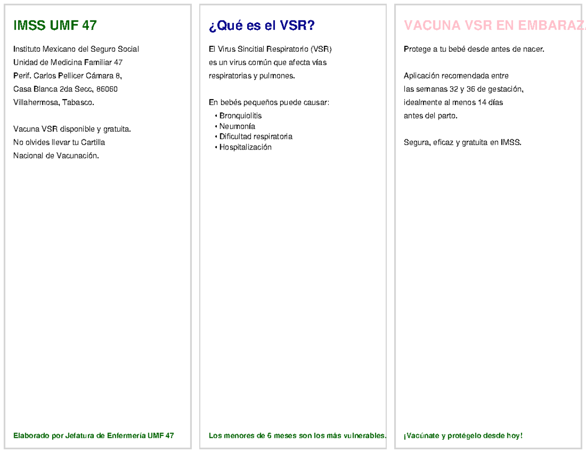 Tríptico sobre Vacuna VSR en Embarazo - IMSS UMF 47 - Studocu
