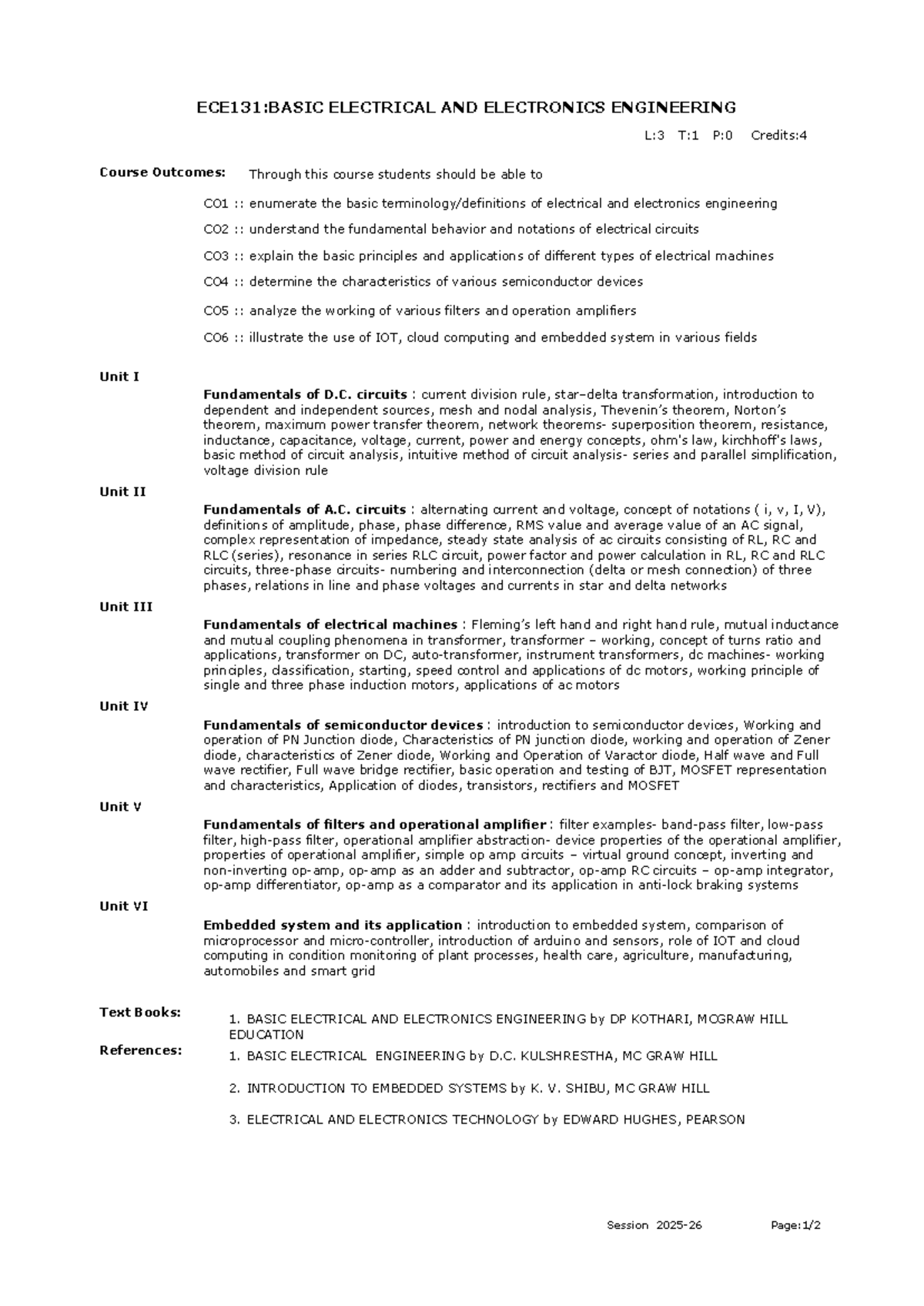 ECE131: Basic Electrical & Electronics Engineering Course Syllabus ...