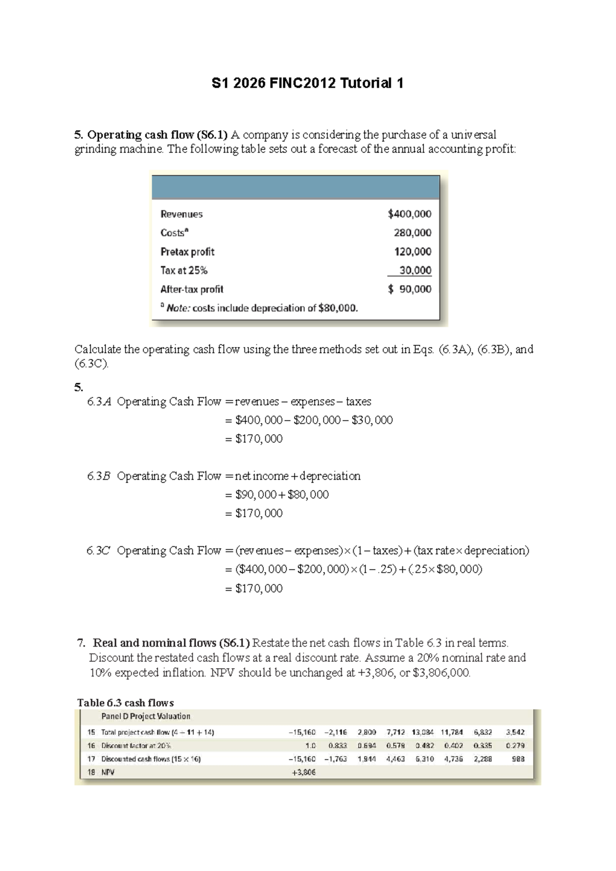 FINC2012 Tutorial 1: Operating Cash Flow & NPV Analysis - Studocu