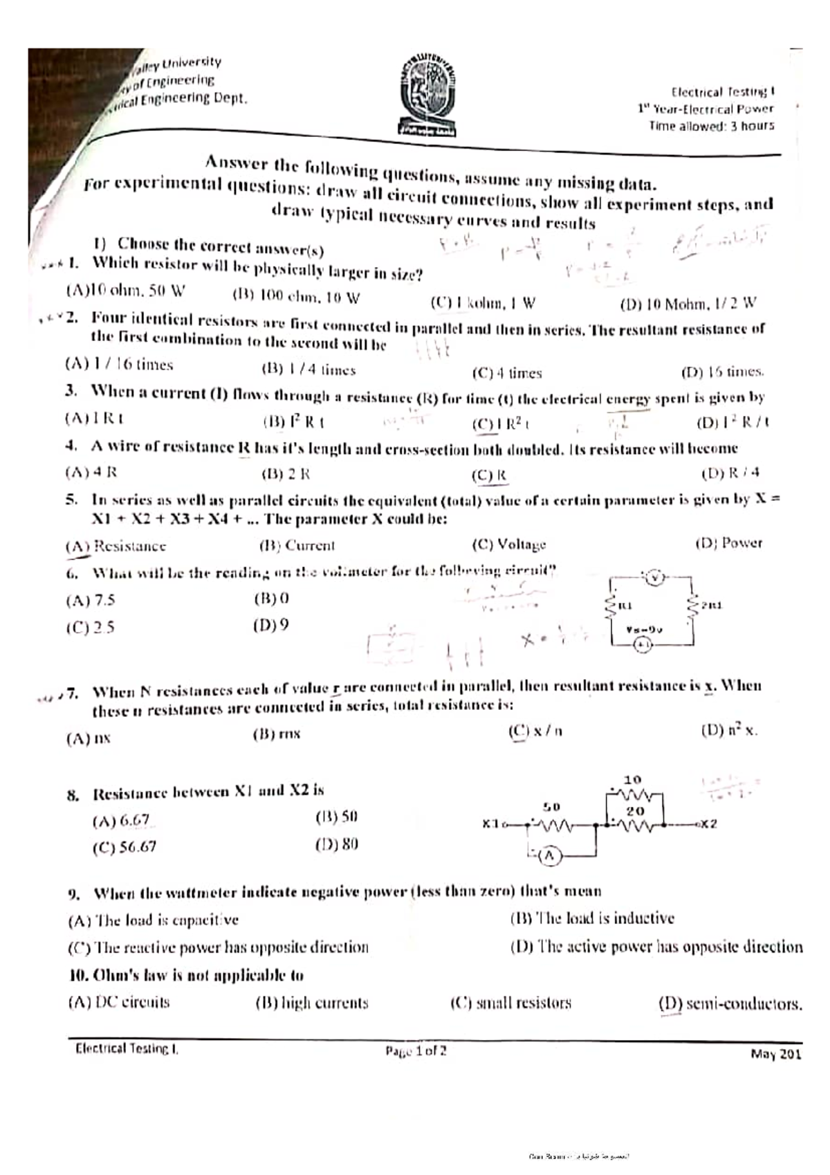 Electrical Testing I - Exam Questions and Experimental Methods - Studocu