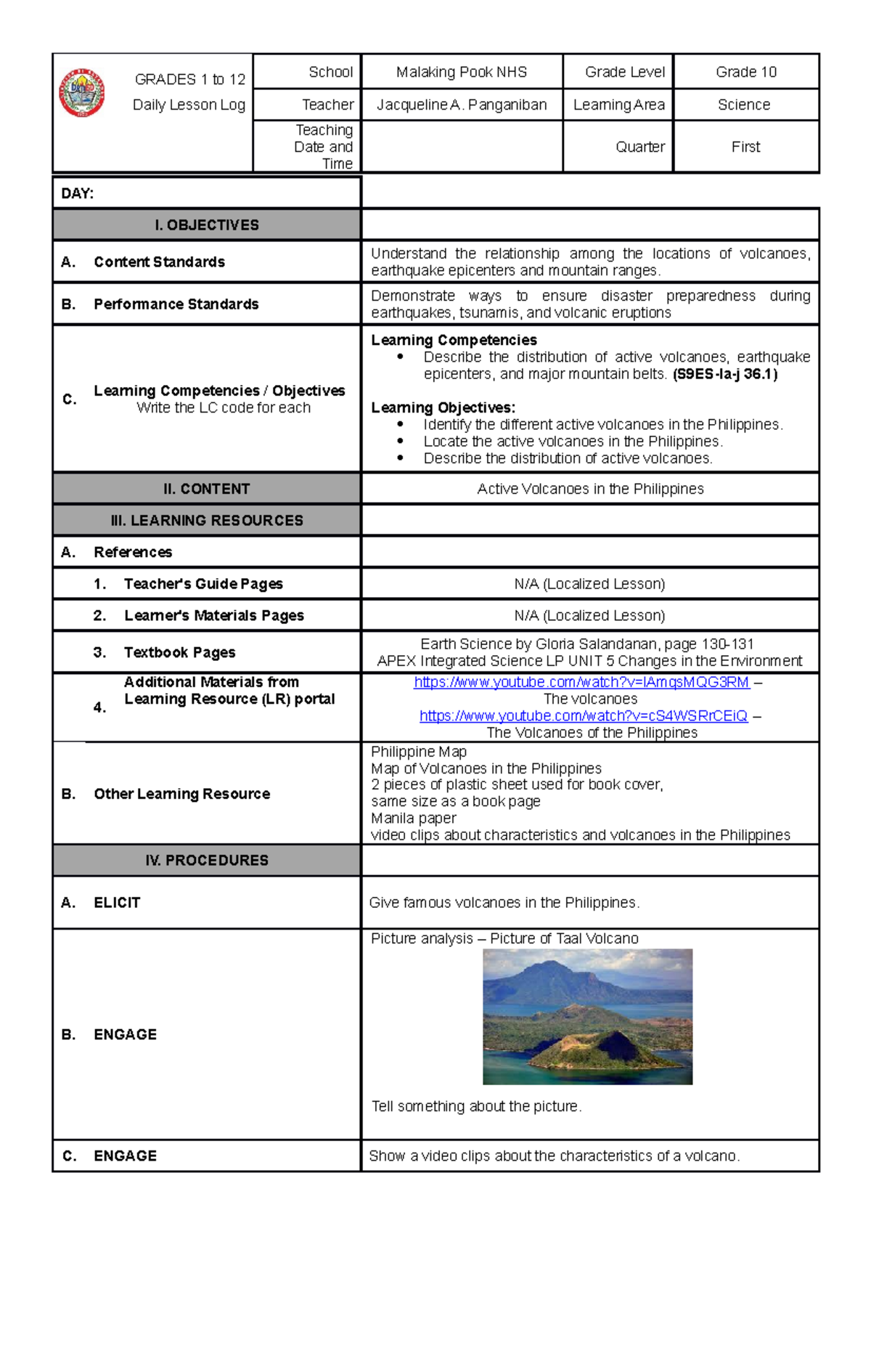G10 Q1 Module 1: Active Volcanoes & Earthquake Preparedness Lesson Plan ...