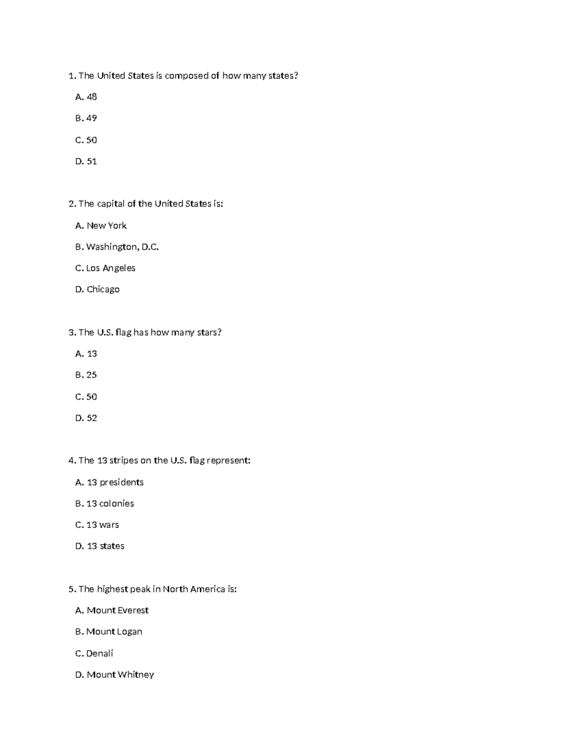Quiz on U.S., Canada, and Mexico Geography & Culture (Course Code ...