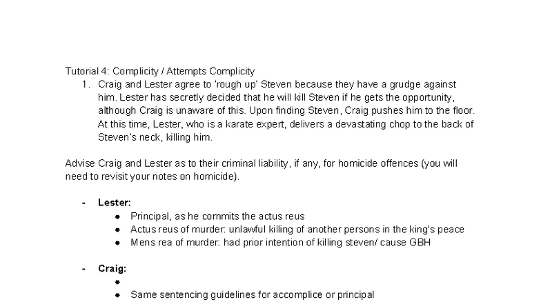 Tutorial 4: Criminal Liability in Complicity and Attempts - Studocu